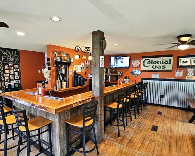 The bar area combines Vermont craftsmanship with BBQ soul&mdash;where wooden beams meet corrugated metal in perfect harmony.