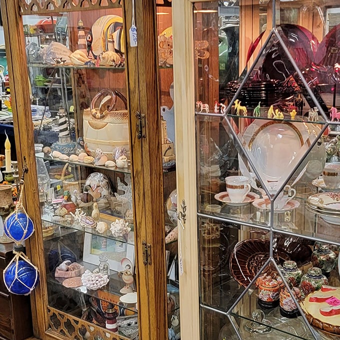 Curio cabinets filled with yesterday's treasures. Each delicate piece waiting for its second act in someone's carefully curated collection.