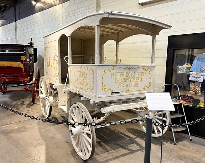 This pristine delivery wagon once brought milk and butter to Denver doorsteps. The original farm-to-table transportation, with considerably more horsepower.