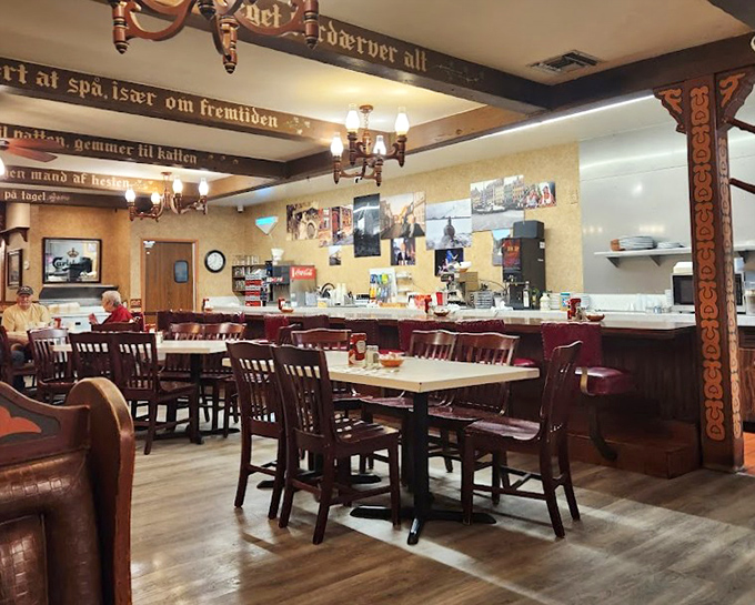The dining room feels like you've stepped into a Danish grandmother's home—if grandma had enough seating for the entire village and excellent taste in woodwork.