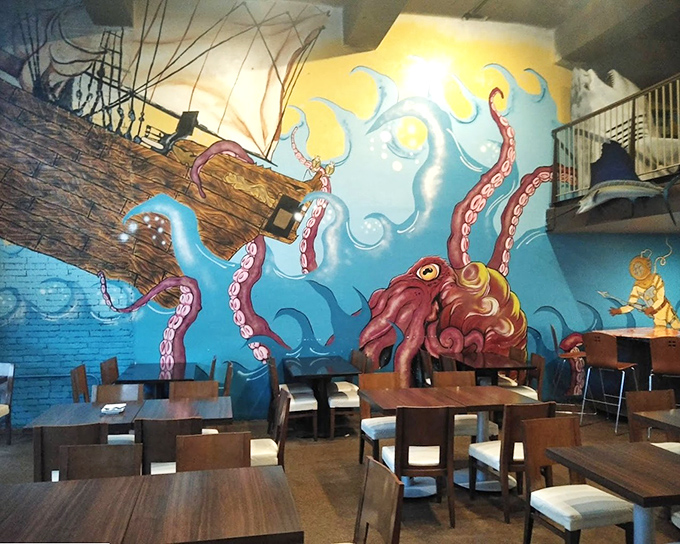 The octopus mural watches over diners like a friendly kraken. It seems to say, "I could have been on your plate, but instead I'm on the wall."