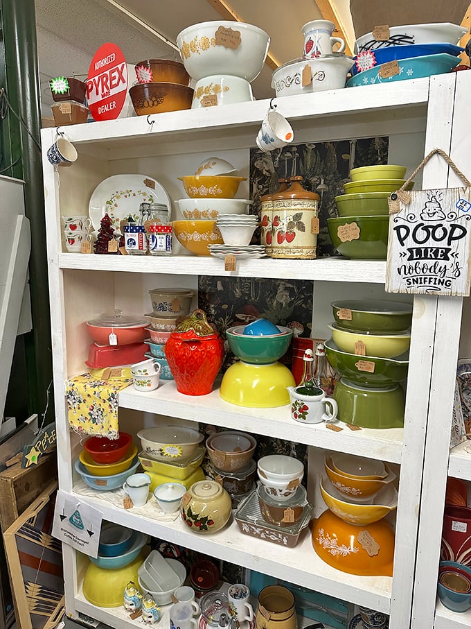Pyrex paradise! These colorful vintage bowls have witnessed decades of family recipes, holiday gatherings, and the evolution of American home cooking.
