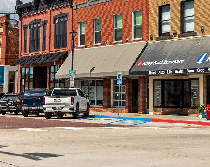 Angle parking on brick streets&mdash;the surest sign you've entered a town where "hurry" isn't in the local vocabulary.