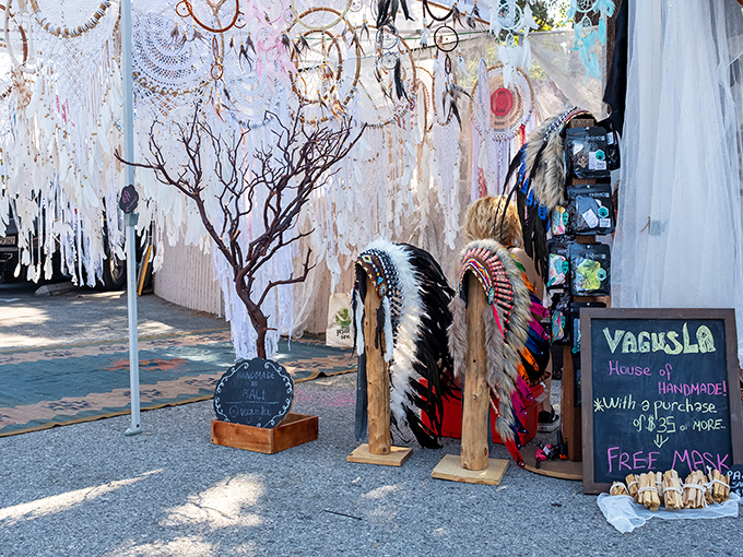 Dreamcatchers and headdresses create a bohemian vignette that feels quintessentially California&mdash;where spiritual curiosity meets artistic expression under endless blue skies.