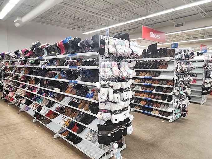 Footwear for every occasion lines these shelves, from sensible sneakers to fancy heels someone wore exactly once before donating.