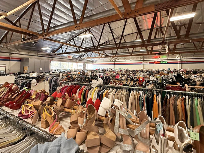 Shoe paradise where footwear fantasies come true. Those glittery sandals might have danced at Hollywood premieres before landing here at bargain prices.