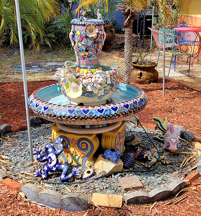 Water and art merge in this mosaic fountain where broken pottery pieces find their second act. Michelangelo would be jealous—or confused.