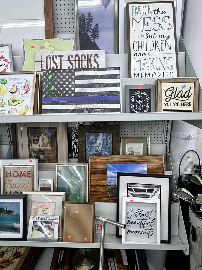 Wall art ranging from inspirational quotes to patriotic tributes&mdash;because nothing says "home" like someone else's discarded decorative philosophy.