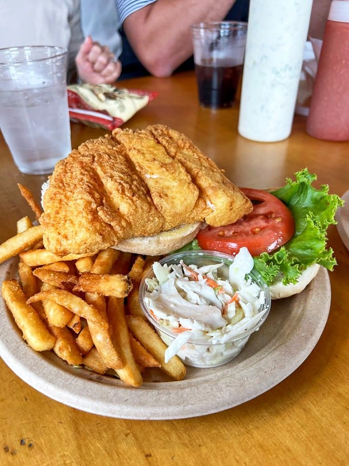 A fried fish sandwich that makes you question why you ever settled for fast food versions. The coleslaw side isn't an afterthought&mdash;it's essential balance.