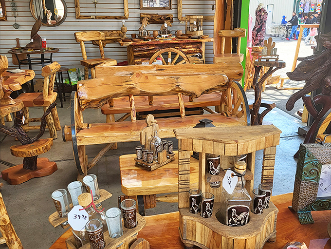 Rustic furniture that brings the mountains indoors. Each piece tells a story, probably involving at least one bearded craftsman named Jim.