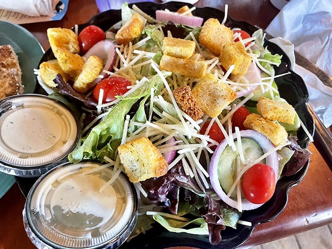 This garden salad brings unexpected elegance to a seafood joint, with fresh greens, cherry tomatoes, and house-made croutons.