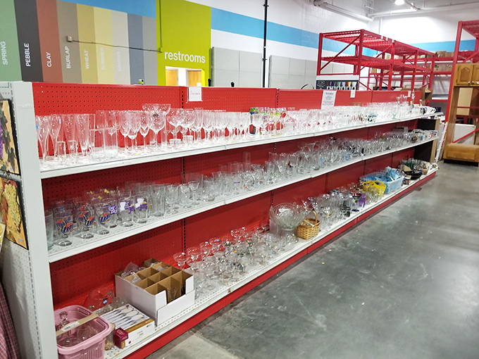 Glassware sparkles in endless rows, offering everything from wine stems to water goblets at prices that encourage hosting dinner parties again.