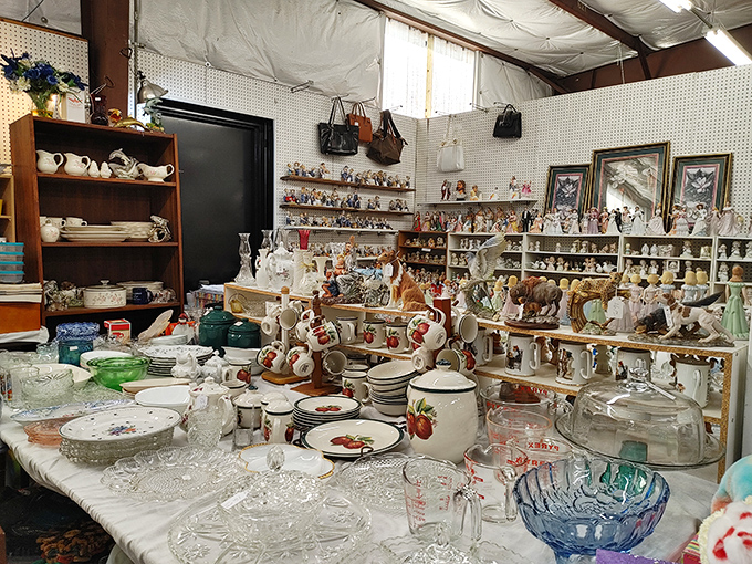 Grandma's china cabinet exploded in the best possible way! This booth's collection of glassware and figurines spans generations of American homemaking.