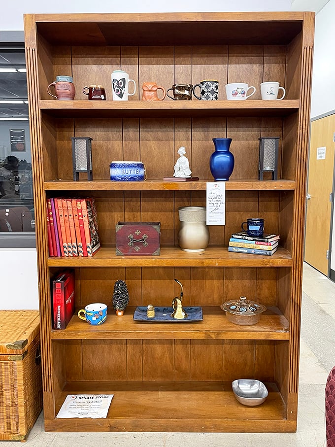 Curated chaos at its finest! This bookshelf tells stories beyond the pages it holds, each item waiting for its second act.