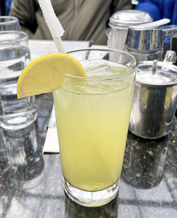 The homemade ginger lemonade—zippy, refreshing, and the perfect palate cleanser between bites of breakfast decadence. Summer in a glass.