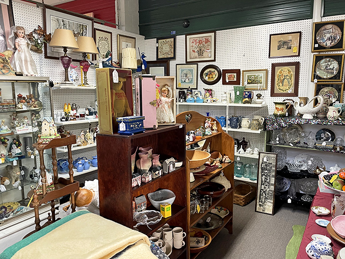This meticulously organized booth feels like stepping into your grandmother's china cabinet—if your grandmother had impeccable taste in collectibles.