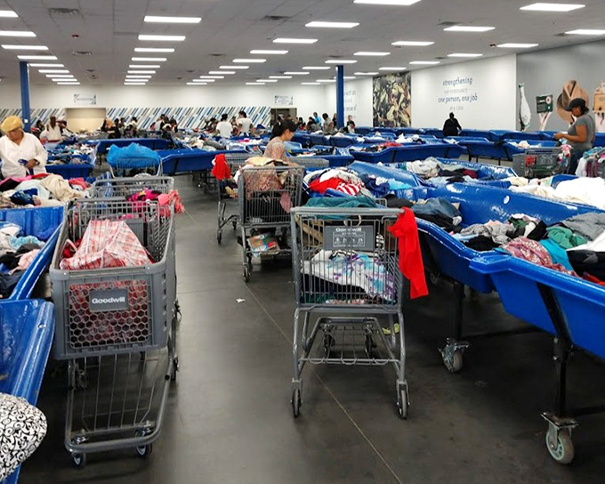 The grand canyon of gently-used goods. Shopping carts navigate these textile rivers, each one potentially carrying home the catch of the day.