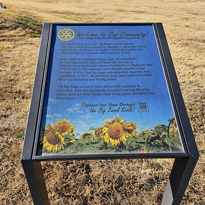 The informational plaque reveals the easel's origin story&mdash;part international art project, part community pride, all conversation starter.