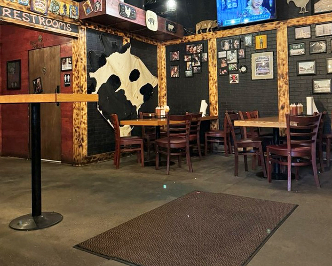 A dining room where the cow hide on the wall reminds you exactly what you're here for. Rustic, unpretentious, and focused on what matters&mdash;the food and the company.