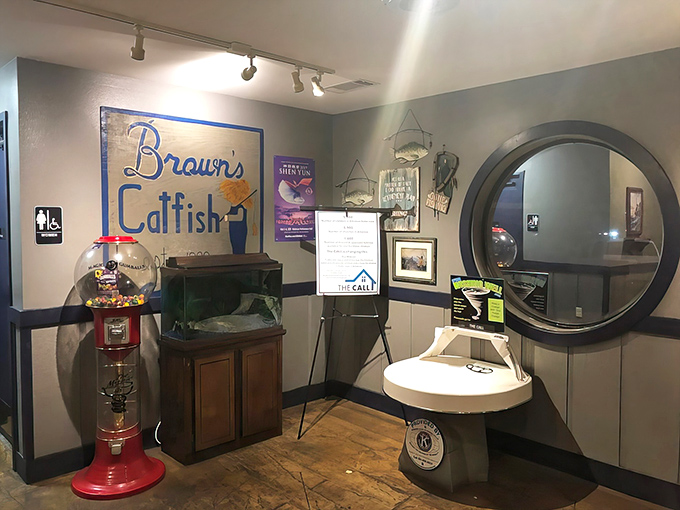 The entrance area welcomes you with nautical charm and a gumball machine&mdash;because even seafood pilgrims need something sweet for the journey home.