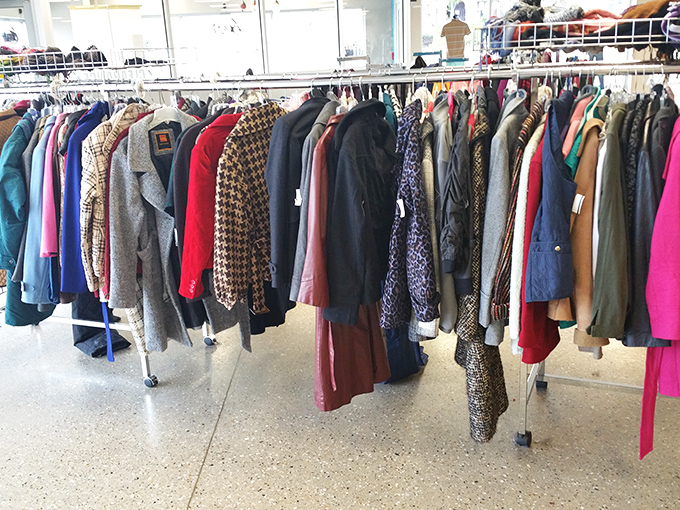 The jacket section offers a textile time machine, where vintage plaids and classic wool coats mingle with yesterday's fashion statements waiting for revival.