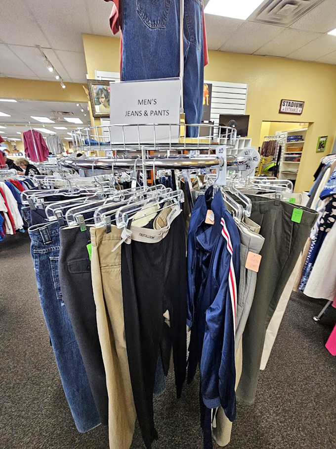 Men's pants organized with military precision. Finding your size here is easier than at most department stores&mdash;and about 80% cheaper.