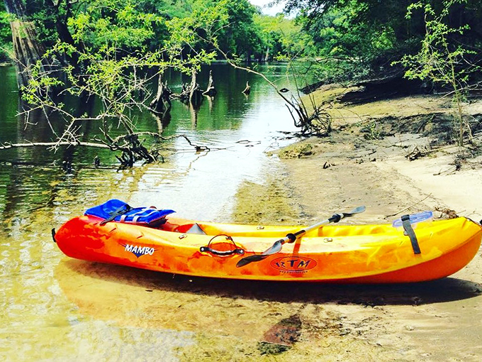 A kayak waits patiently at the shoreline, promising adventures where the spring run meets the tannic Santa Fe River.