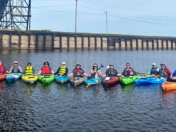 A rainbow of kayaks lines up like candies in a box. These paddlers know the best views of Ashtabula come from water level.