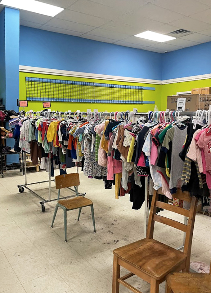 Kids' clothing section proving that secondhand doesn't mean second-rate, especially when they'll outgrow it in three months anyway. 