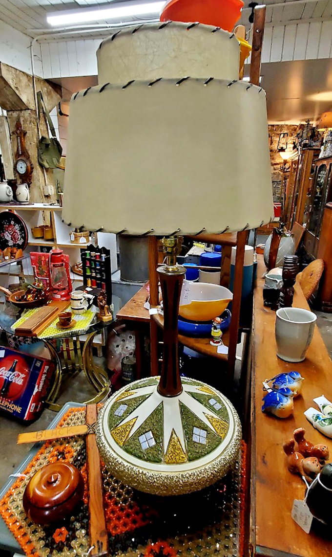 That mid-century lamp isn't just lighting—it's architectural sculpture with a shade that looks like it was designed during a particularly optimistic view of the future.