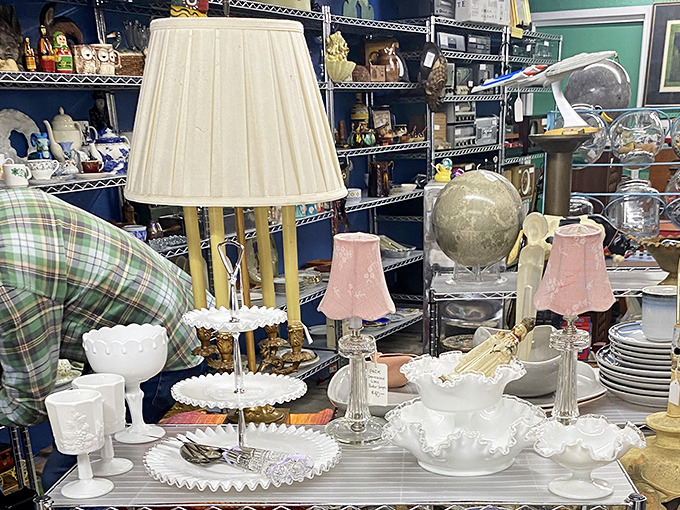 Milk glass and vintage lamps create a still life more interesting than anything you'd find in a catalog showroom.