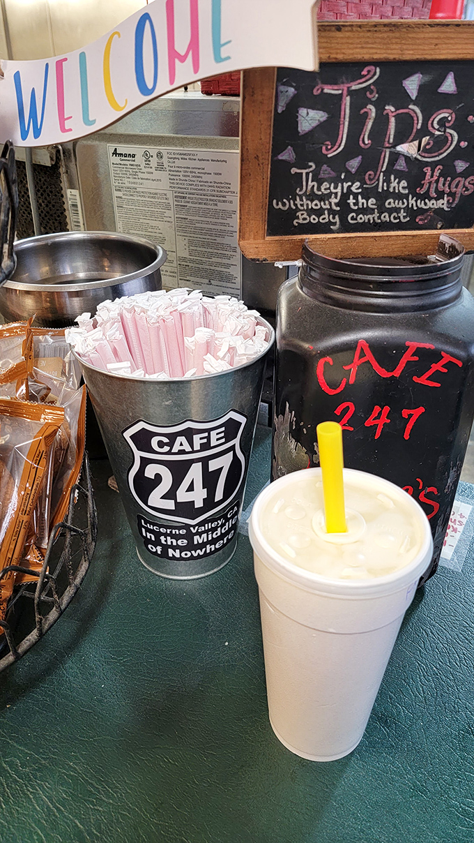 "Tips are like hugs without the awkward body contact." Cafe 247's milkshake station dispenses both wisdom and creamy deliciousness.