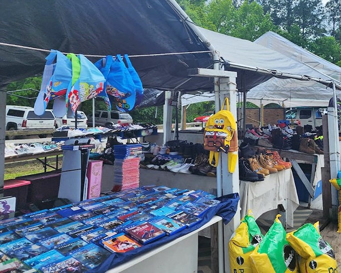Outdoor vendors create their own retail universe under canvas canopies. Even SpongeBob showed up to help sell some shoes!
