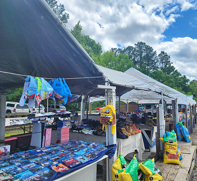 Blue skies and makeshift canopies create the perfect backdrop for outdoor vendors selling everything from SpongeBob merchandise to summer essentials.