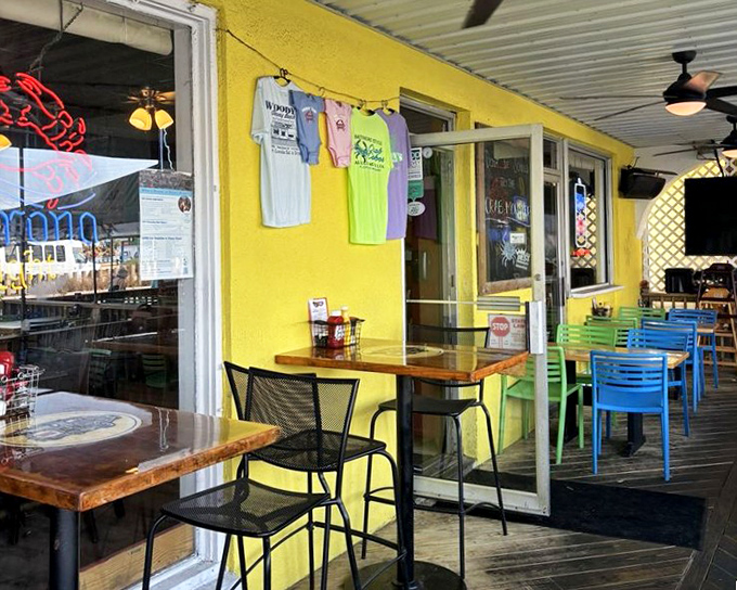 Woody's outdoor seating &ndash; where colorful chairs match the vibrant personalities of Dewey Beach's faithful patrons.