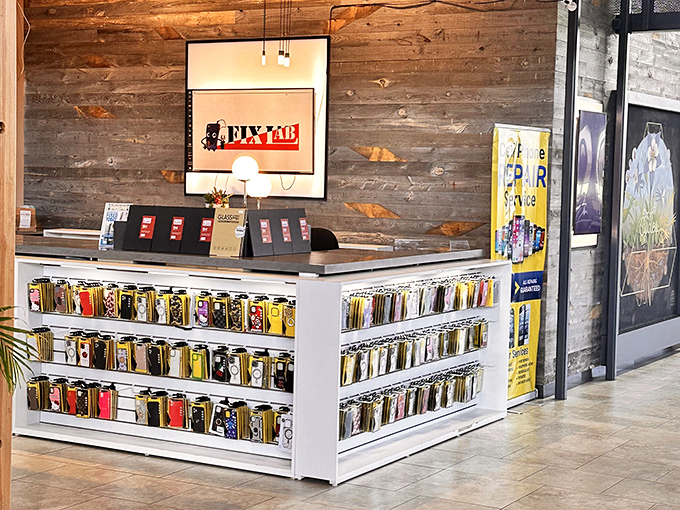 Phone cases displayed like precious artifacts in a museum of modern necessities, each promising to protect your most valuable possession.