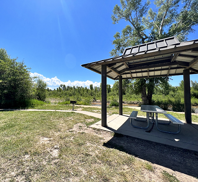 This picnic shelter isn't just practical&mdash;it's front-row seating to nature's greatest show, with the river providing background music.