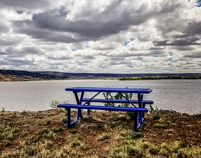 This blue picnic table overlooks water so serene, even your sandwiches will taste philosophical here.