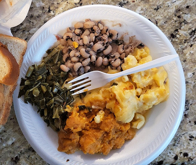 Soul food geometry: divide your plate into perfect thirds of black-eyed peas, mac and cheese, and sweet potatoes.