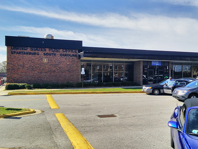 Even the post office in Spartanburg has character—mid-century brick architecture that makes mailing a package feel slightly more dignified.