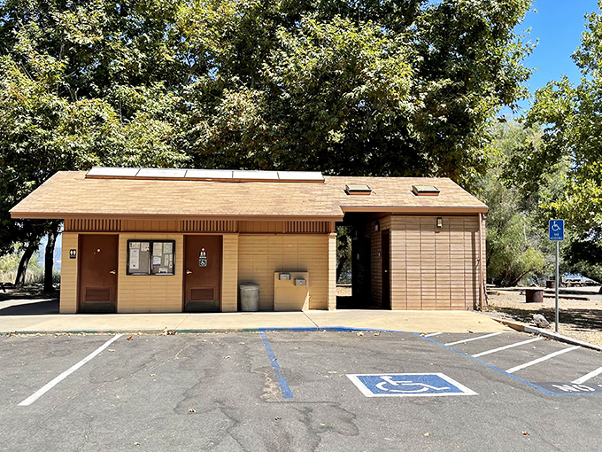 Even the restrooms at Clear Lake State Park blend harmoniously with nature &ndash; practical necessities dressed in rustic charm.