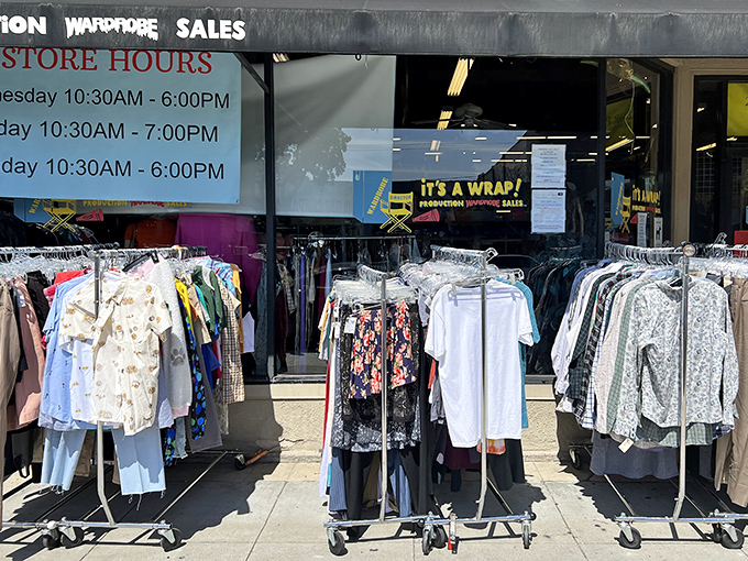 Even the sidewalk gets in on the action, with rolling racks tempting passersby with the promise of Hollywood history at bargain prices.
