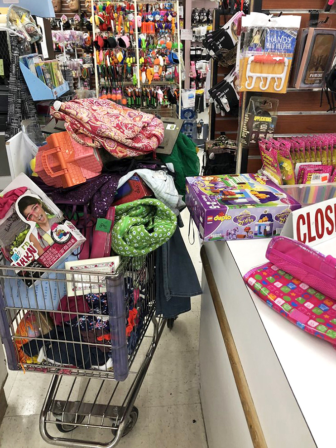 A shopping cart overflowing with treasures proves that one person's donation is another's jackpot discovery.