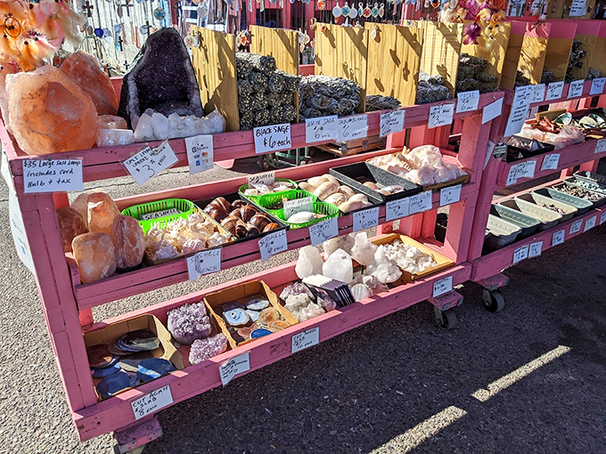 Crystal and mineral displays transform ordinary shopping into geological treasure hunting. Desert gems and stones await new homes on mantels across Arizona.