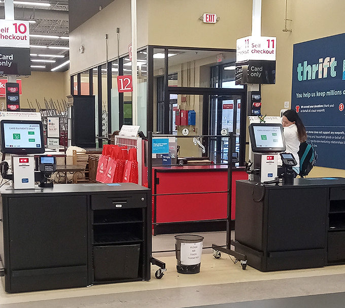 Self-checkout: where you can privately process the guilt of how little you paid for so much retail therapy.