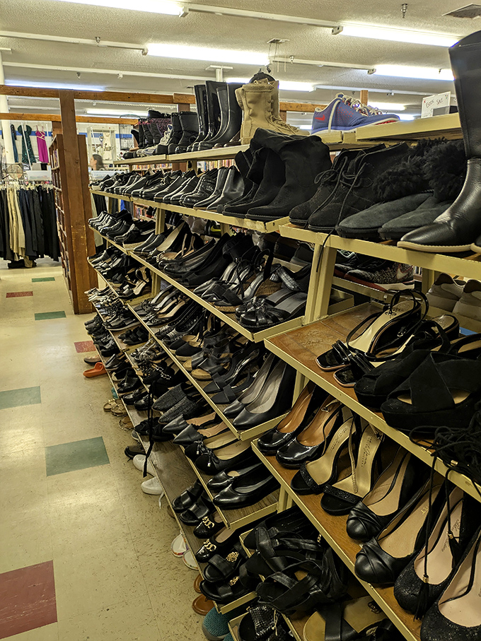 The shoe department rivals Imelda Marcos's closet, with everything from practical boots to party heels arranged in a footwear fantasia.