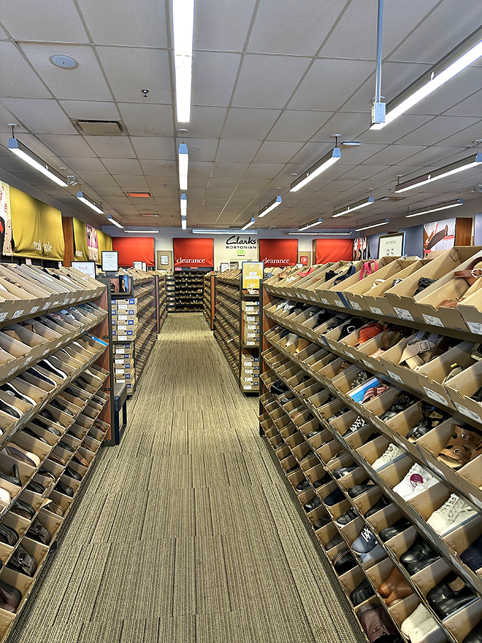 Clarks' shoe paradise&mdash;where rows upon rows of footwear possibilities await those brave enough to try "just one more pair."