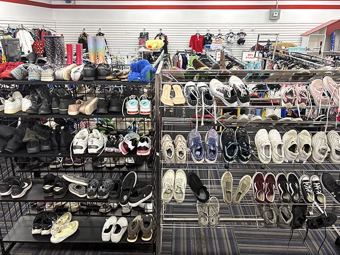 Shoe racks display everything from barely-worn sneakers to dress shoes, proving style doesn't have to cost a fortune.