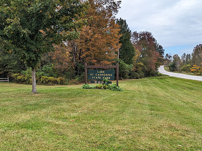 Autumn's warm welcome at the park entrance. Nature's color palette announces itself with the subtlety of a Broadway marquee.