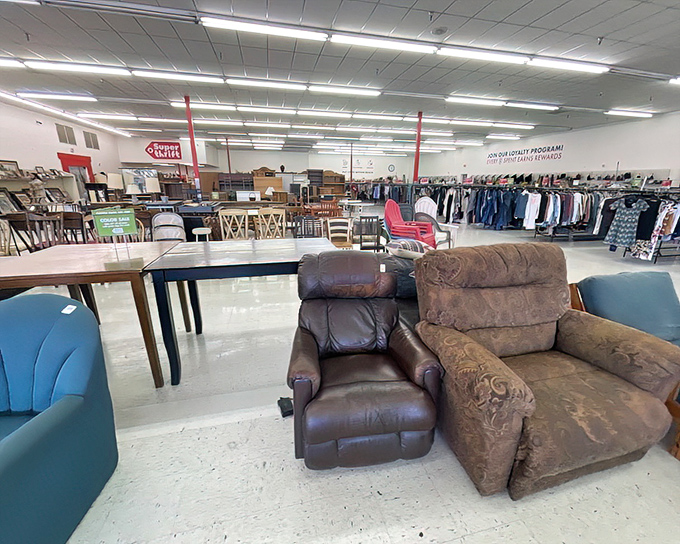 The thrifter's panorama: furniture in the foreground, clothing in the distance, and possibility everywhere in between.